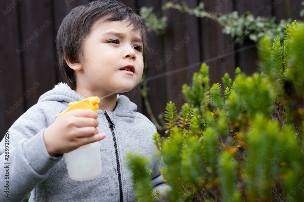 4 years old boy using spray bottle watering on the tree, Kid having fun ...