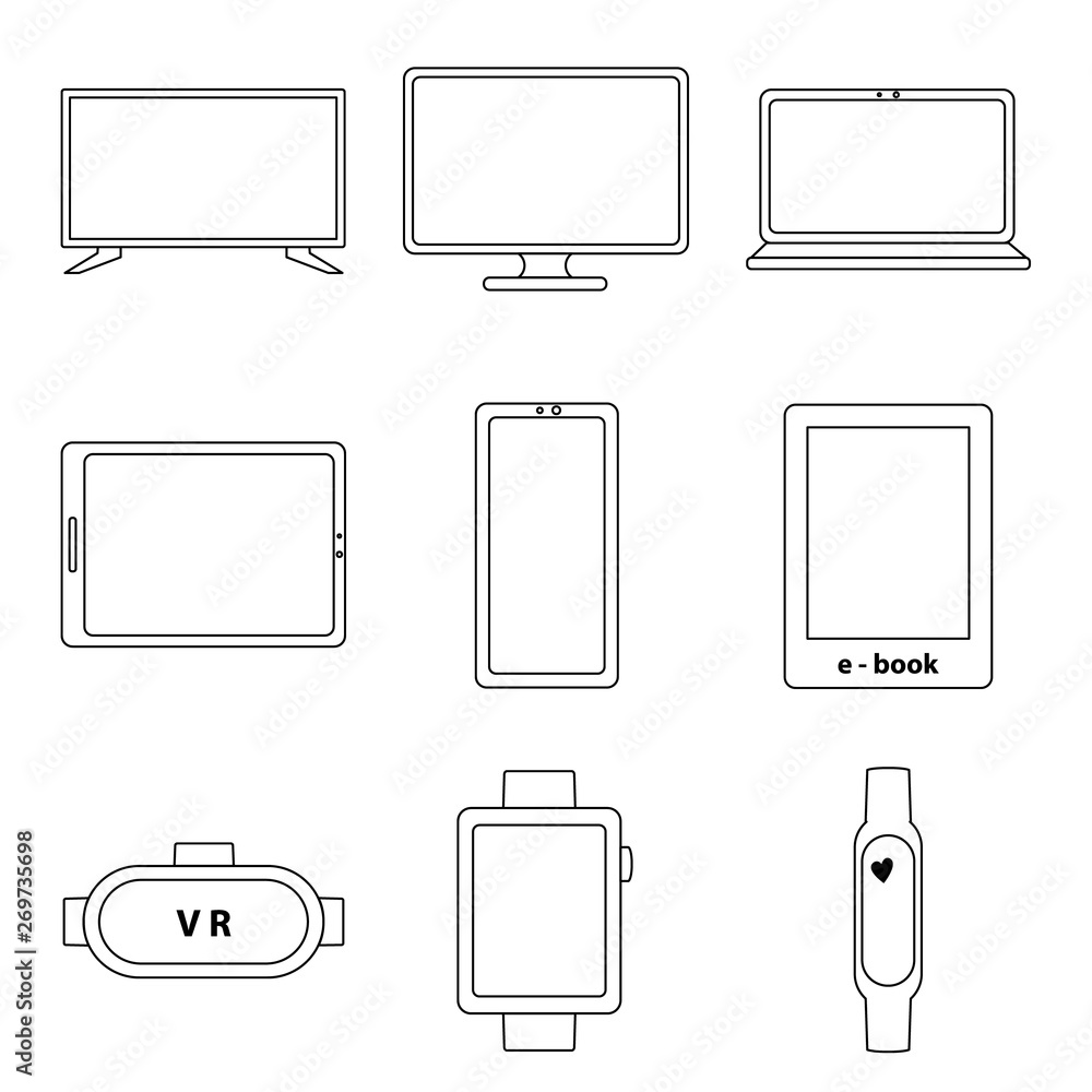 Cross platform devices. Set of line icons. Outline isolated vector ...
