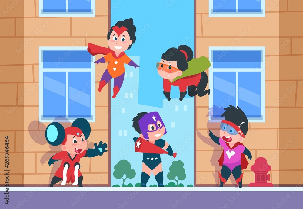 Superhero kids background. Children comic characters, cartoon happy ...