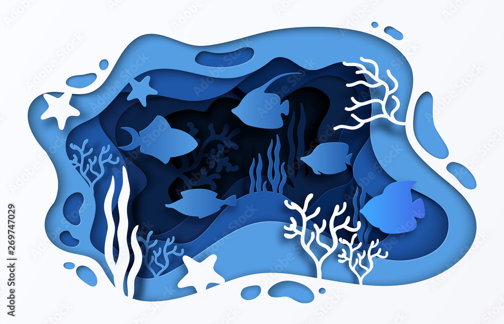 Paper cut sea background. Underwater ocean coral reef with waves fish ...