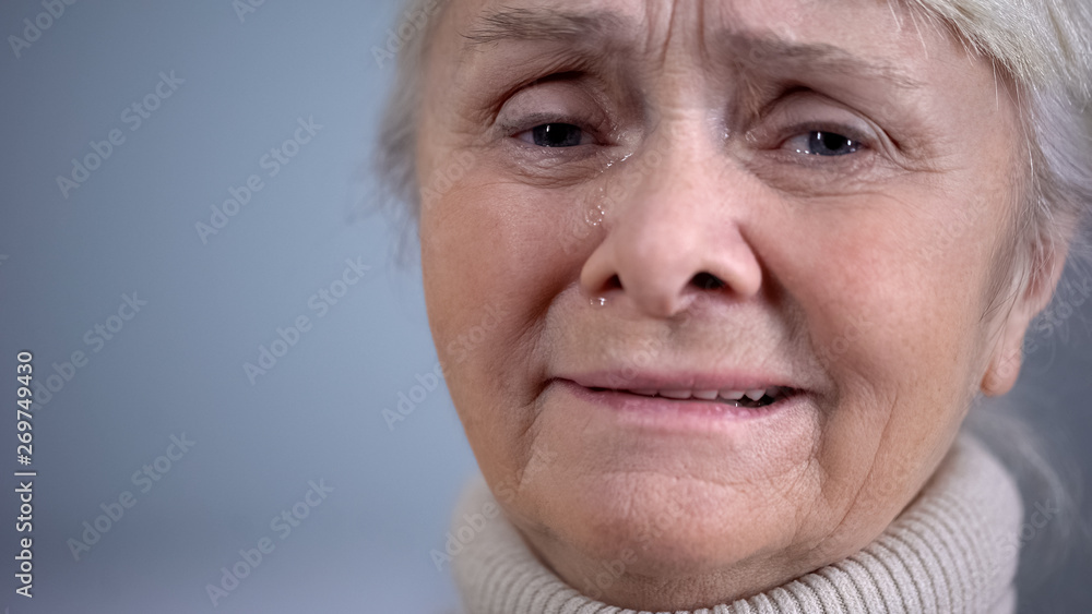 Crying senior lady closeup, health problem, old age loneliness ...
