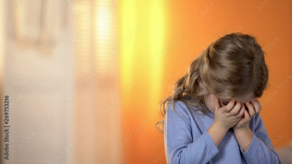 Little sad preschool girl crying having no friends, little orphan wanting family Stock Photo ...