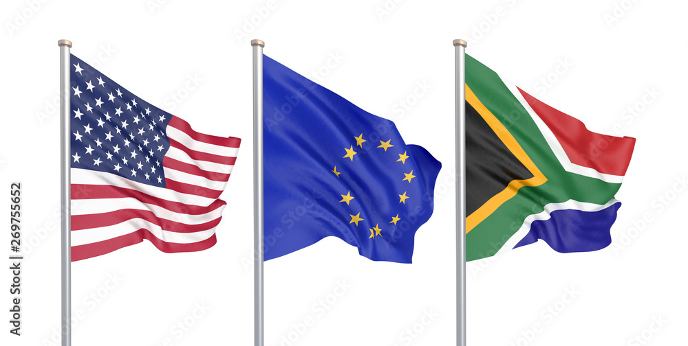 Three colored silky flags in the wind: USA (United States of America ...