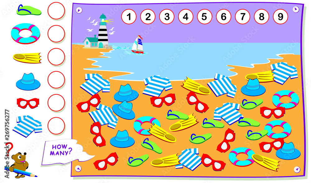Printable educational page for kids. Count the quantity of objects on ...