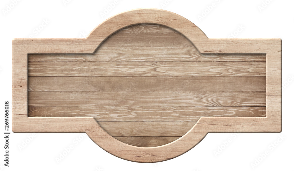 Oblong rounded wooden sign board or plate made of natural wood and with ...
