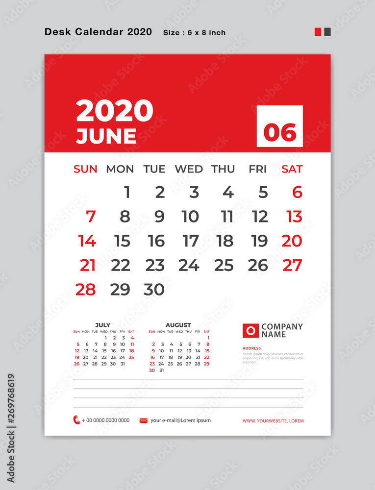 JUNE 2020 year template, Desk Calendar for 2020 year, week start on ...