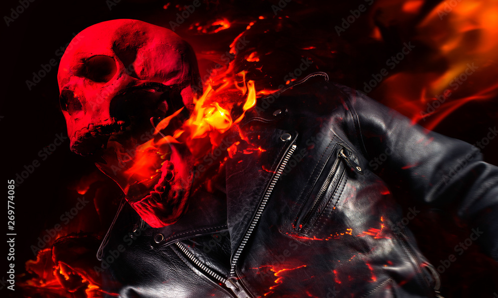 Biker demon skeleton in leather jacket screaming fire. Stock Photo ...