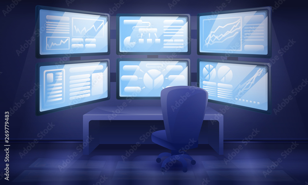 cartoon cabinet interior with many monitors, vector illustration Stock ...