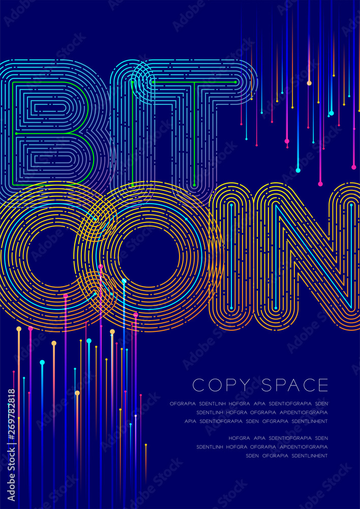 Bitcoin big text dot and dash line pattern layer overlay, Poster banner ...