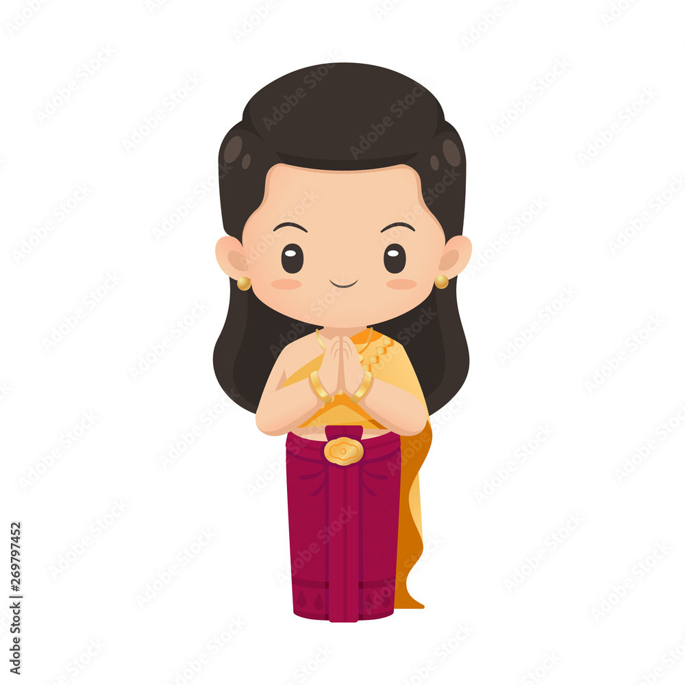 Cute thai woman character in traditional noble costume in respecting ...