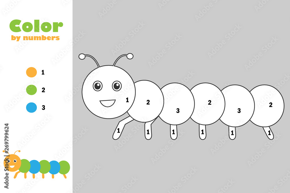 Caterpillar in cartoon style, color by number, education paper game for ...