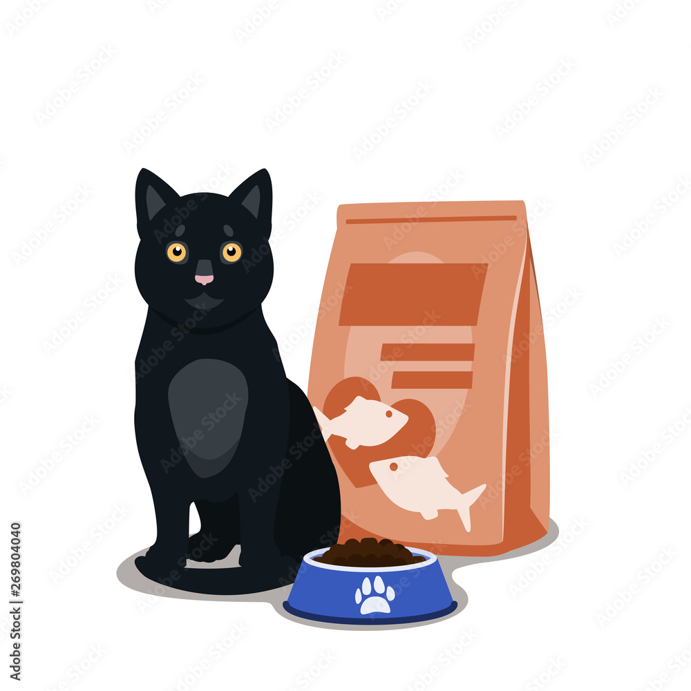 Cat food vector. Illustration of cartoon happy cat with full bowl of ...