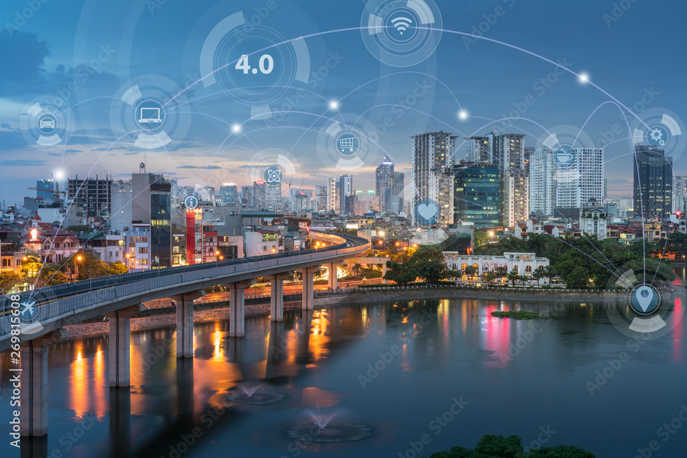 Digital network connection lines of Hanoi city, Vietnam. Smart city in ...