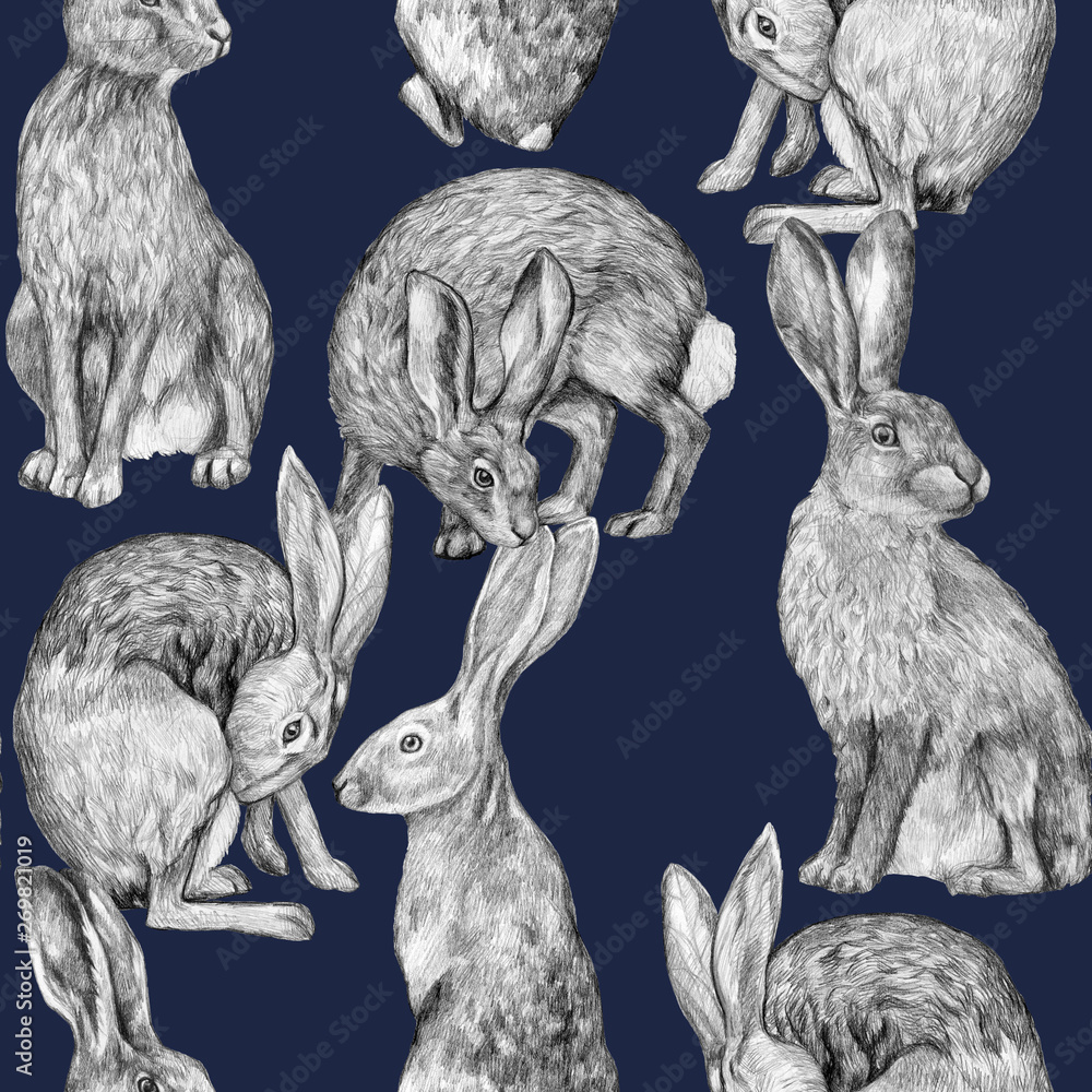 Beautiful vintage seamless pattern. Pencil drawing hares in various ...