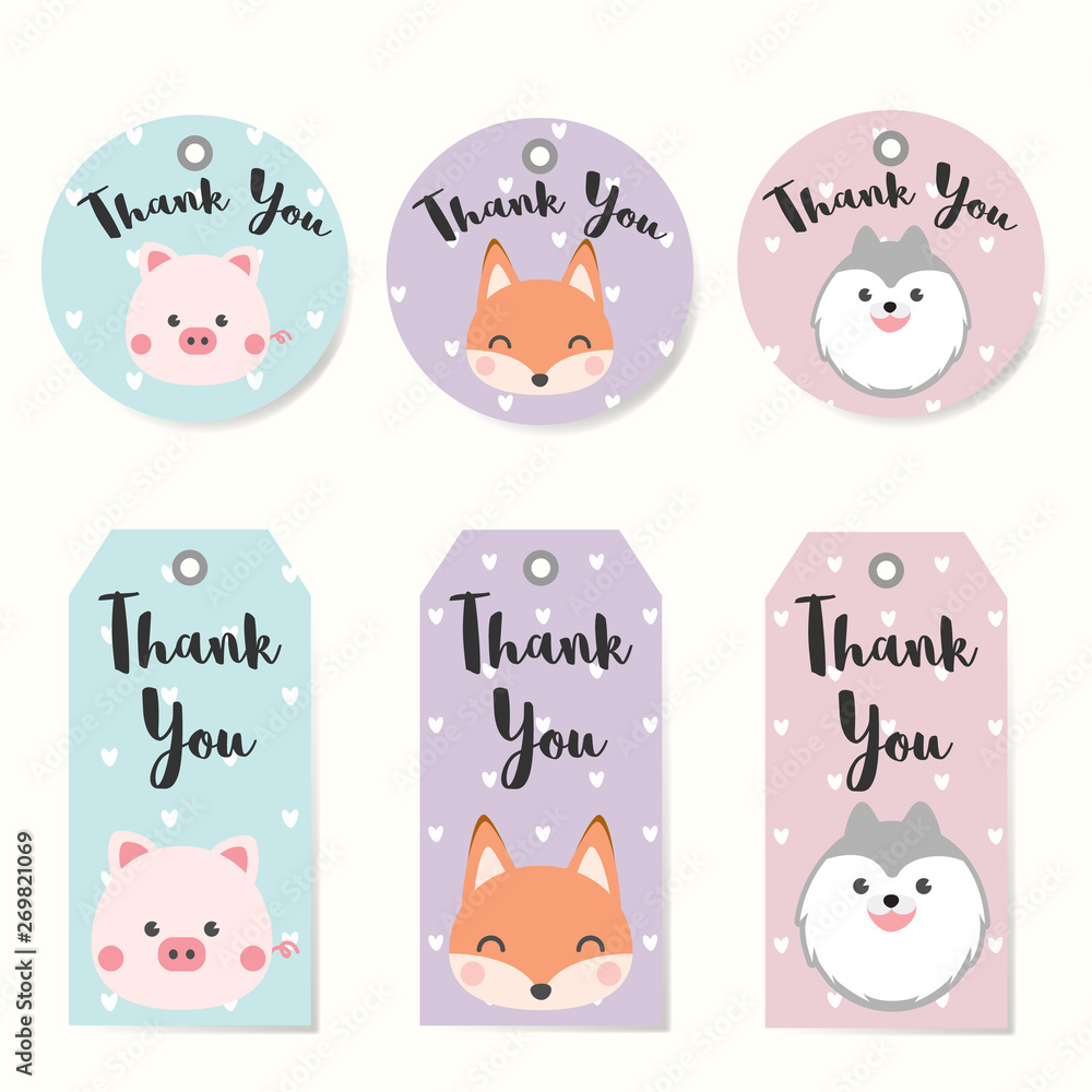 Set of Label Tags with animals character design. Thank you tags for ...