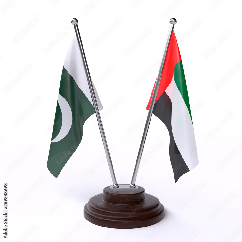 Pakistan and UAE, two table flags isolated on white background. 3d ...