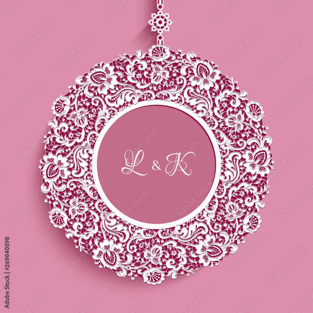 Vintage round frame with lace border pattern, ornamental circle ...