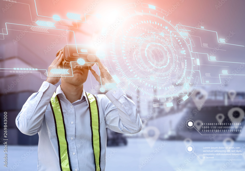 Virtual reality technology in industry 4.0.engineer working Wearing VR ...