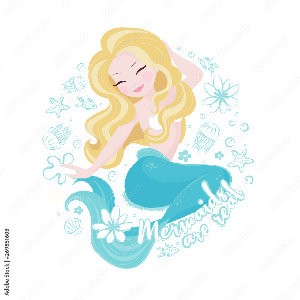 Popular pastel mermaid set. Happy and beautiful mermaid on white ...