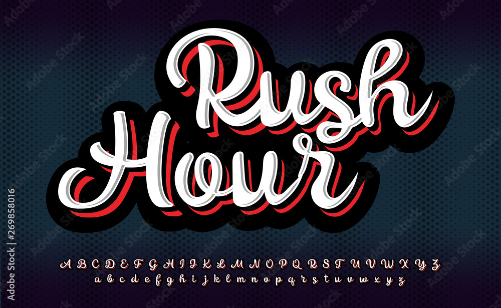 Rush hour. Futuristic 3D script font. Cyber punk style. Red color ...