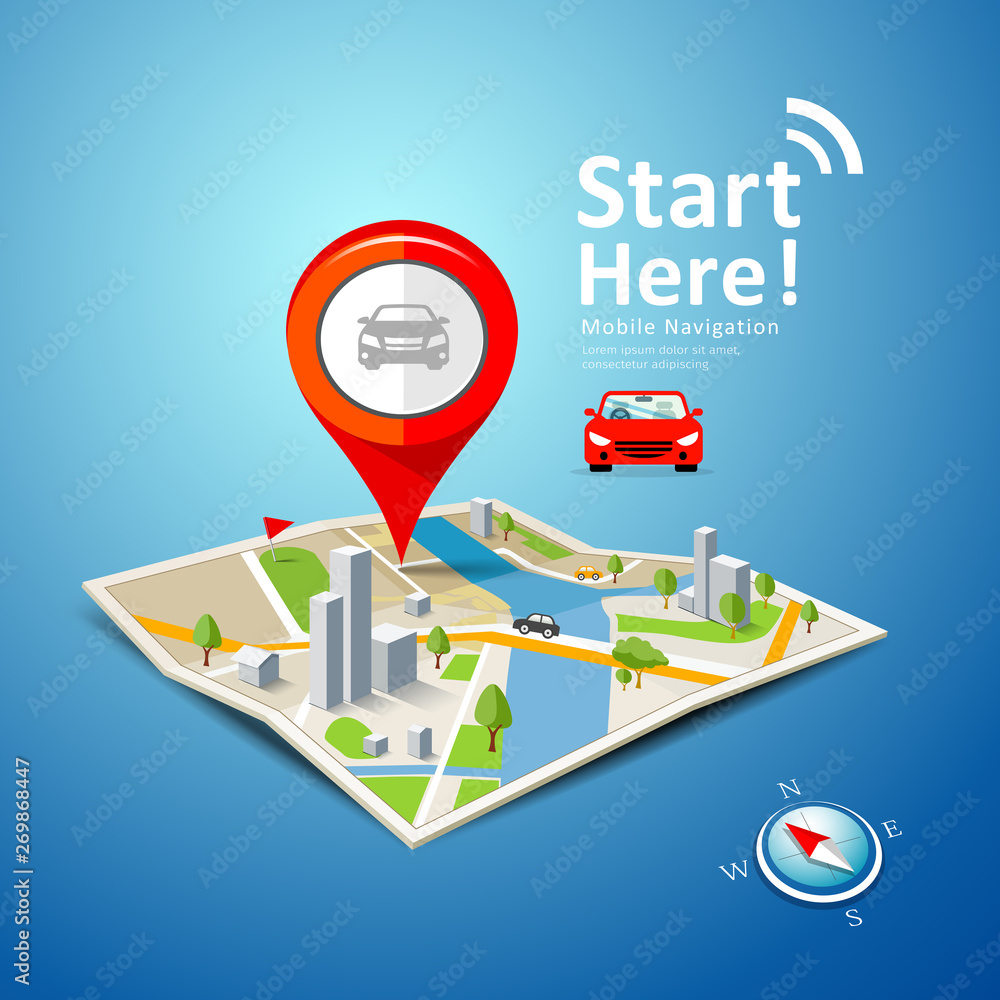 Folded maps car navigation vector with red color point markers design ...