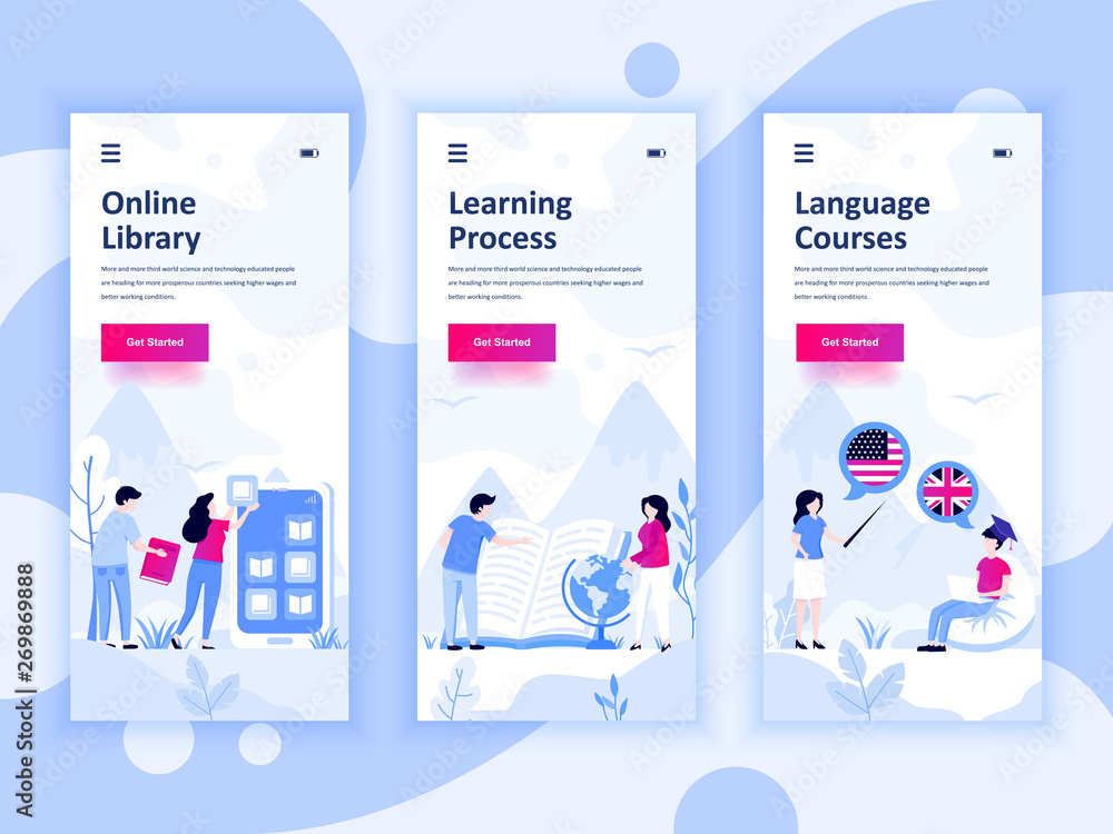 Set of onboarding screens user interface kit for Library, Learning ...