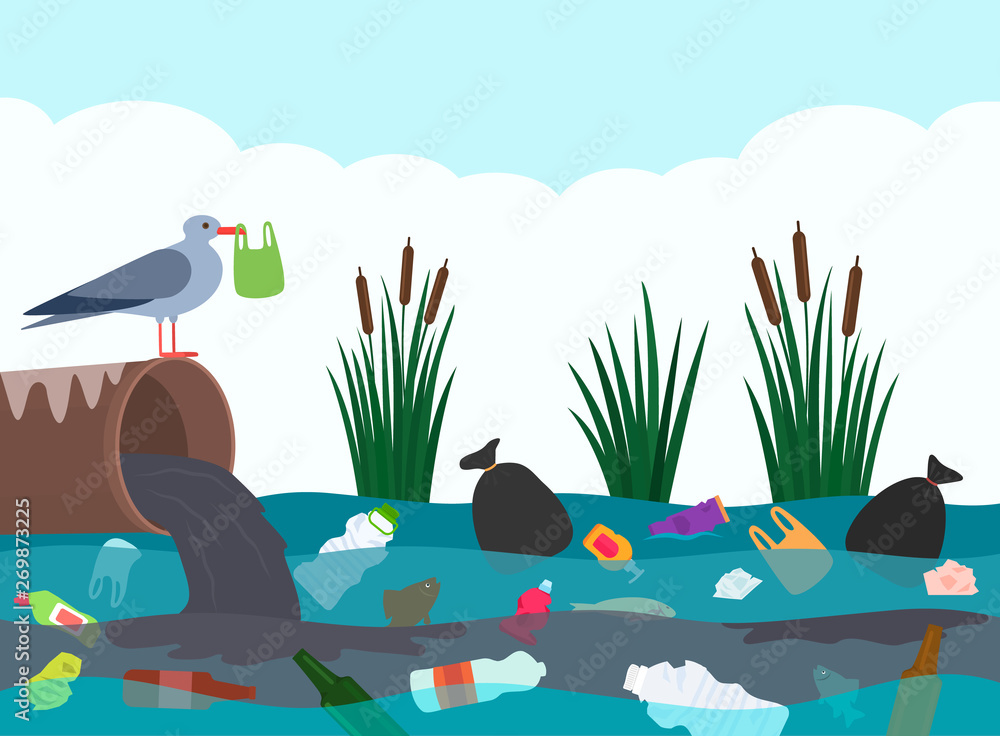 Ecological disaster of plastic waste in the river. City gutter flows ...