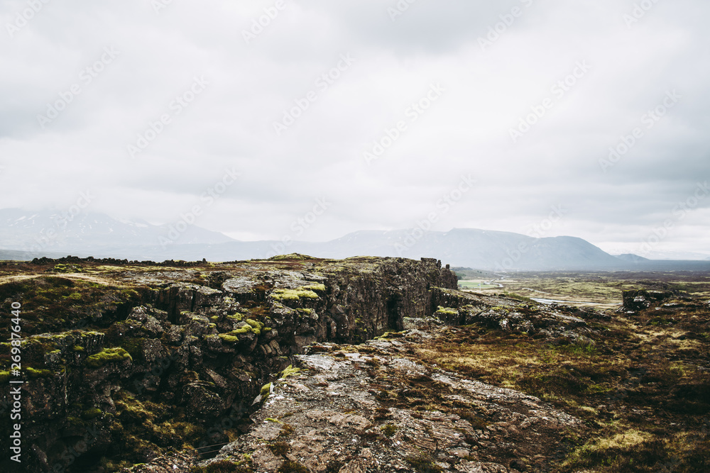 Cold bleak landscapes of Thingvellir National Park in Iceland in spring ...
