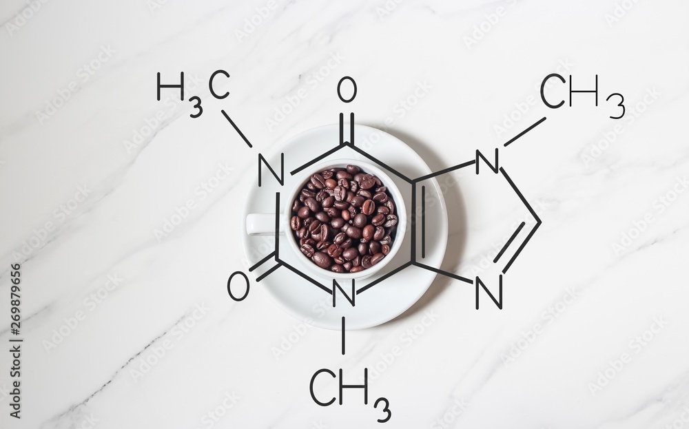 Chemical formula of Caffeine with roasted coffee spill out of cup on ...