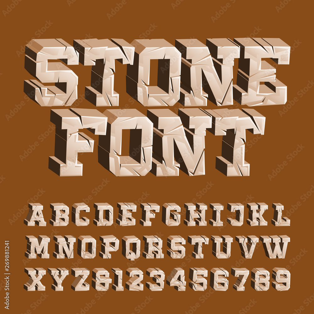 Cracked stone alphabet font. 3D damaged letters and numbers. Stock ...