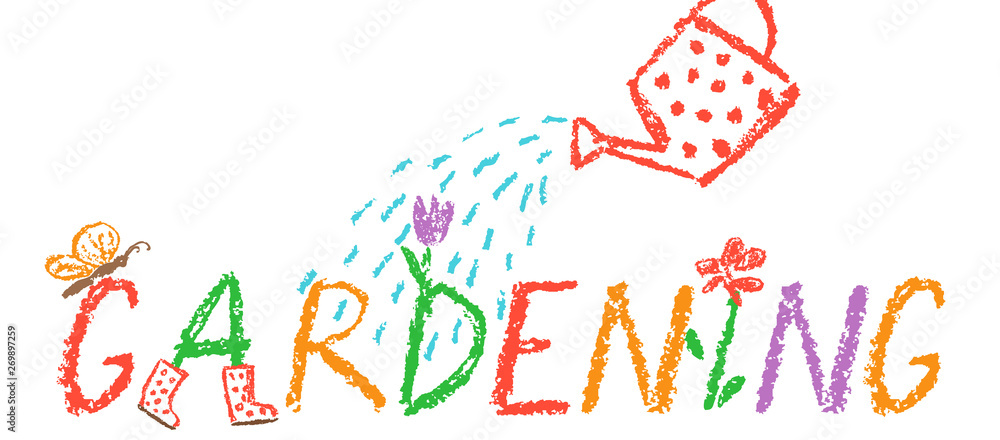 Crayon gardening header border background. Like child hand drawing ...