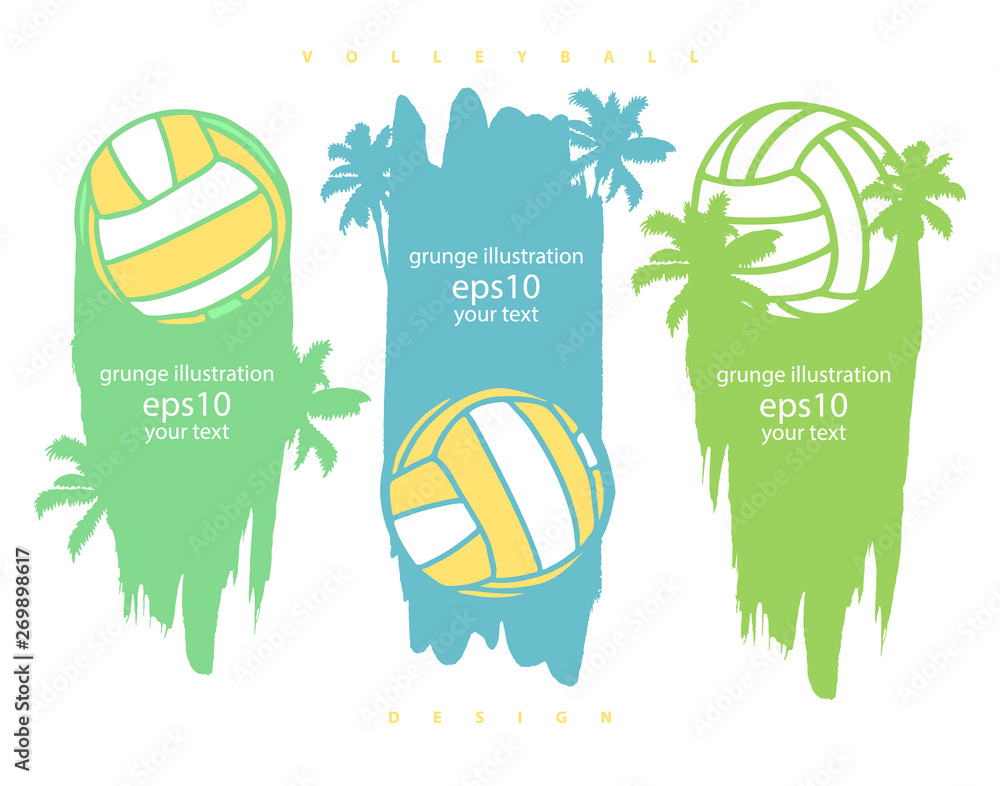 Collection of summer grunge illustrations for volleyball. Abstract ...