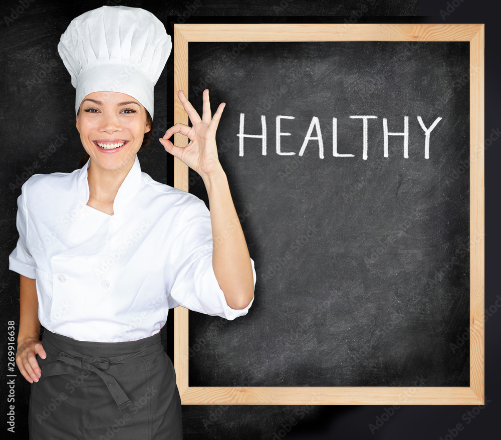 Healthy food menu at restaurant professional chef woman approving with ...