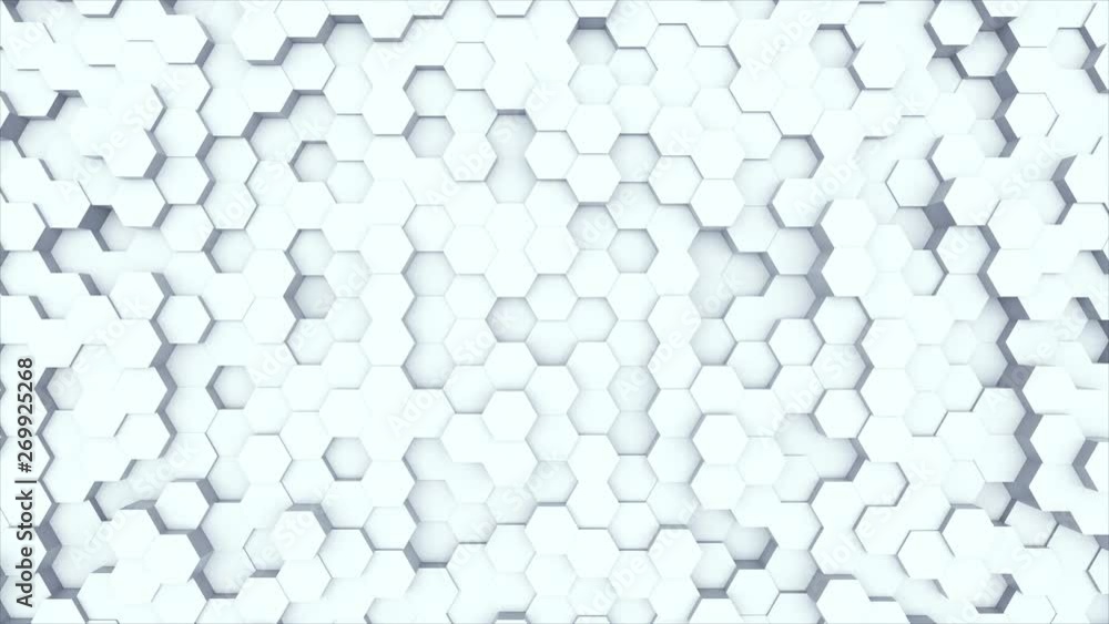 Random waving motion abstract background from hexagon geometric surface loop: light bright clean ...