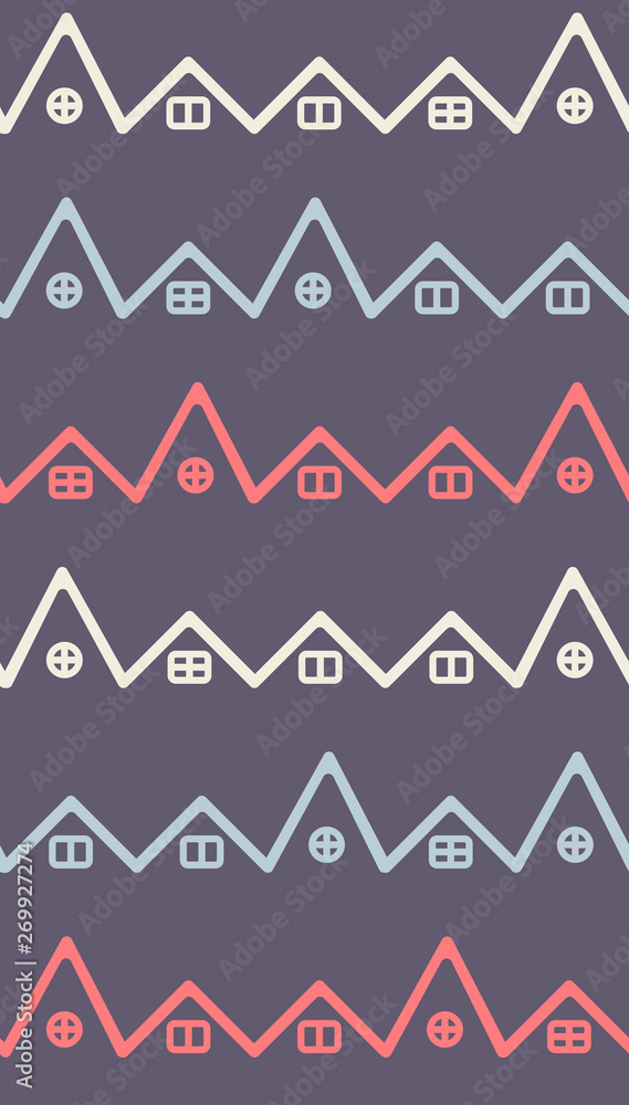 Simple house line seamless pattern in dark blue, coral and white ...