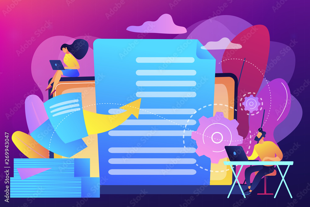 Specialists work with laptop digital data, tiny people. Digital ...