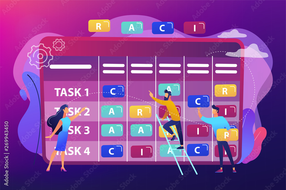 Tiny business people at responsibility chart with tasks. RACI matrix ...