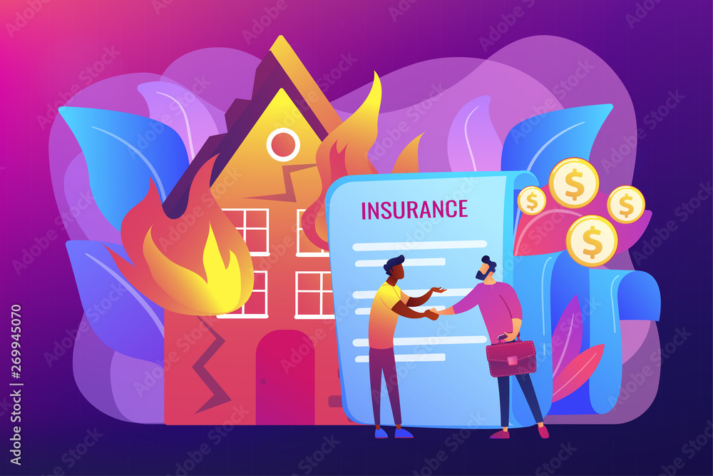 Burn house, flaming building. Insurance agent and customer flat ...