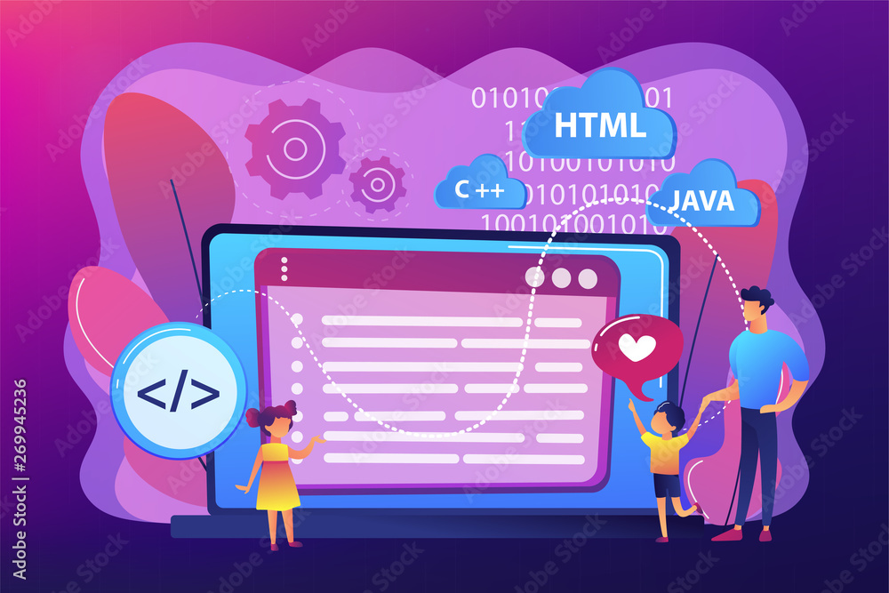 Tiny people, happy kids learning programming on huge laptop. Computer ...