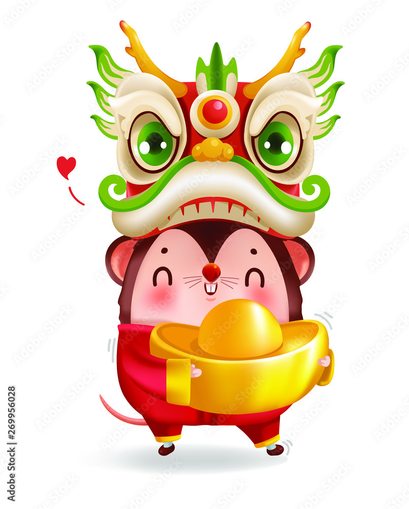Dragon head. Little rat with holding chinese gold. Ingot. zodiac mice ...