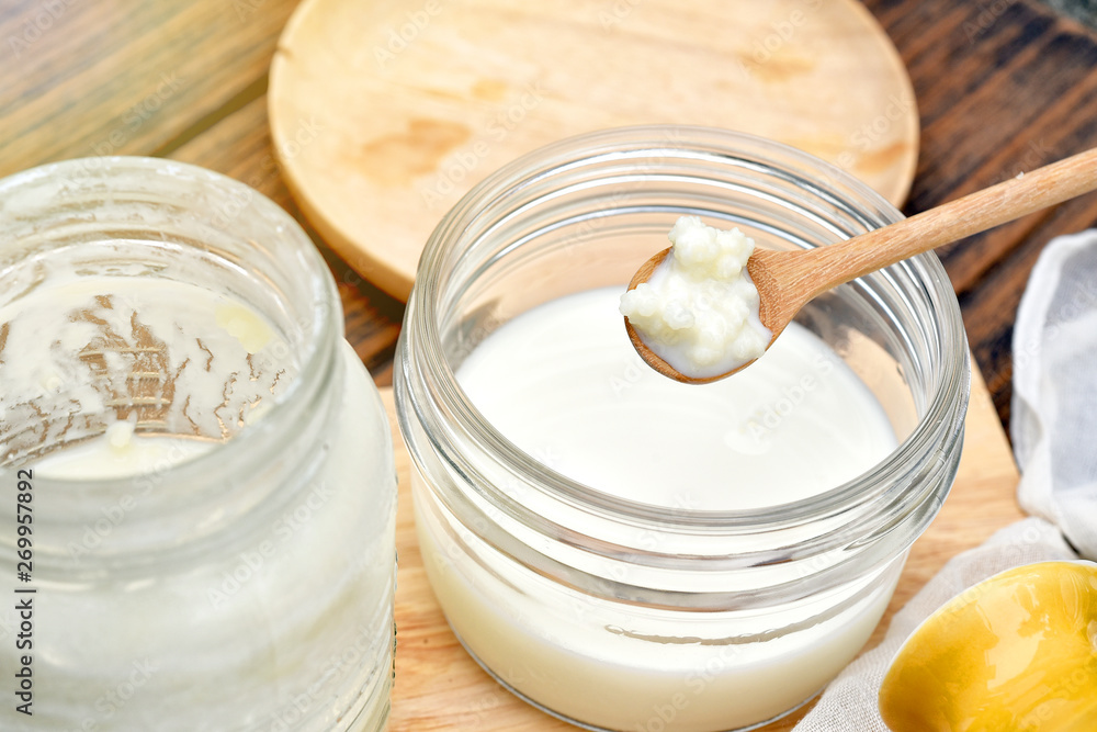 Kefir grains on wooden spoon, Healthy fermented food, Probiotic ...