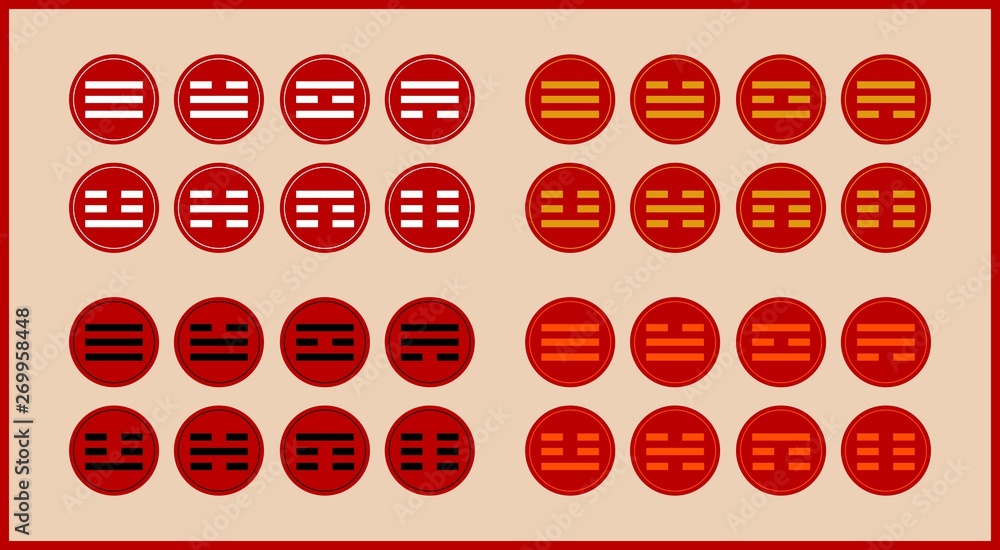 East Asia three lines magic symbols in red rounds with inner frames ...