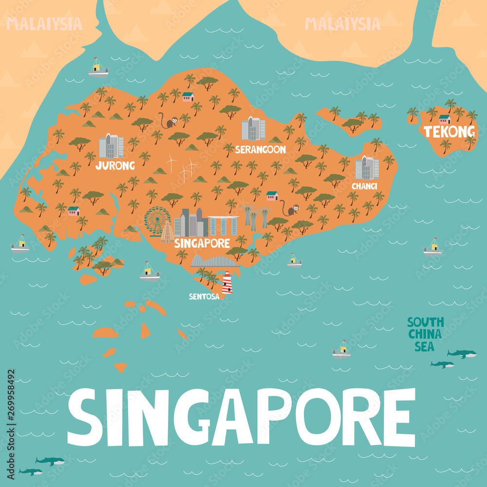 Illustrated map of Singapore with cities and landmarks. Editable vector ...