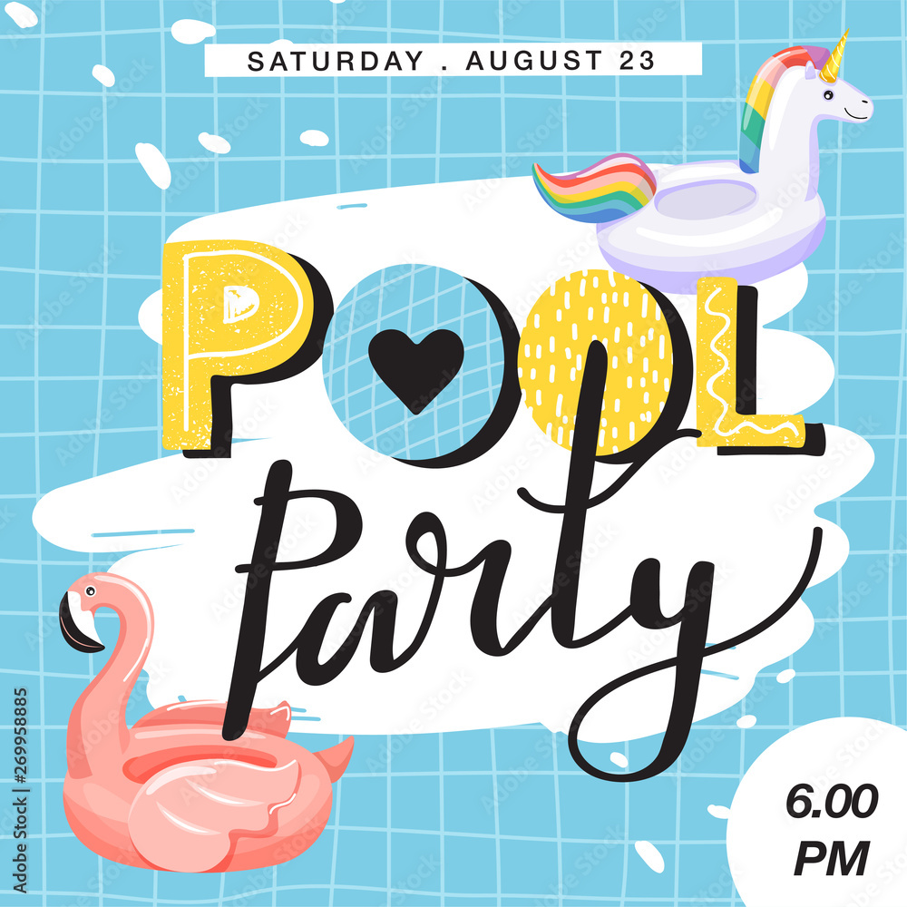 Pool party invitation banner. Various inflatable swimming pool rings in ...