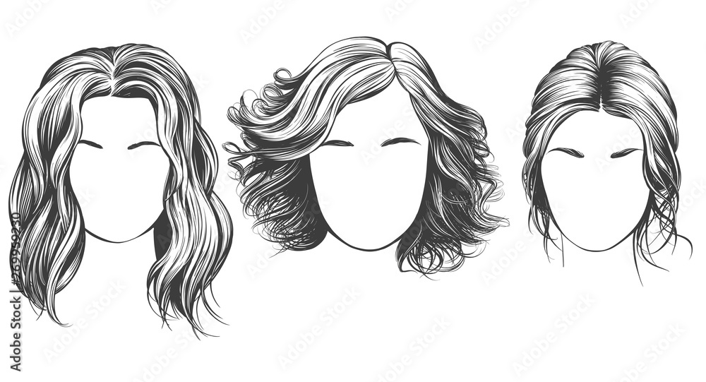 girl set, beautiful woman face hand drawn vector illustration sketch ...
