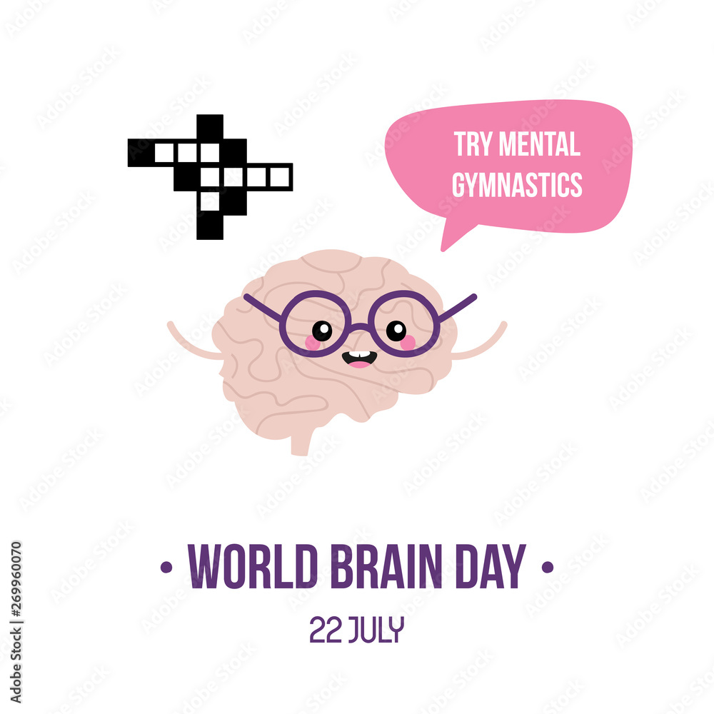 Vector illustration for world brain day with cute cartoon style brain ...