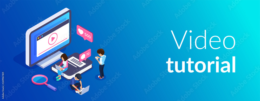 Isometric online learning concept. Video tutorials on the screen of a ...
