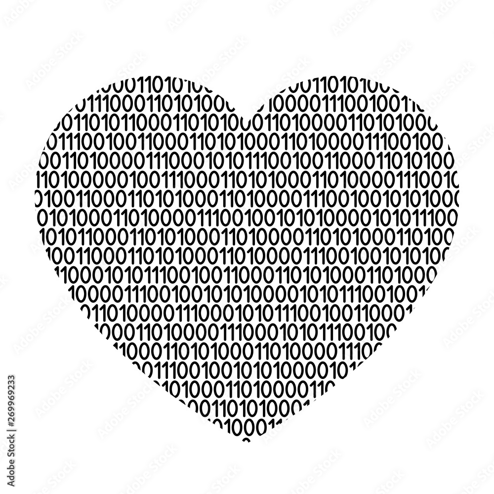 Heart icon symbol of love abstract schematic from black ones and zeros binary digital code ...