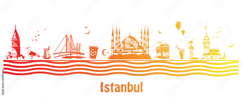 Hand drawn Istanbul horizontal vector illustration. Panoramic banner ...