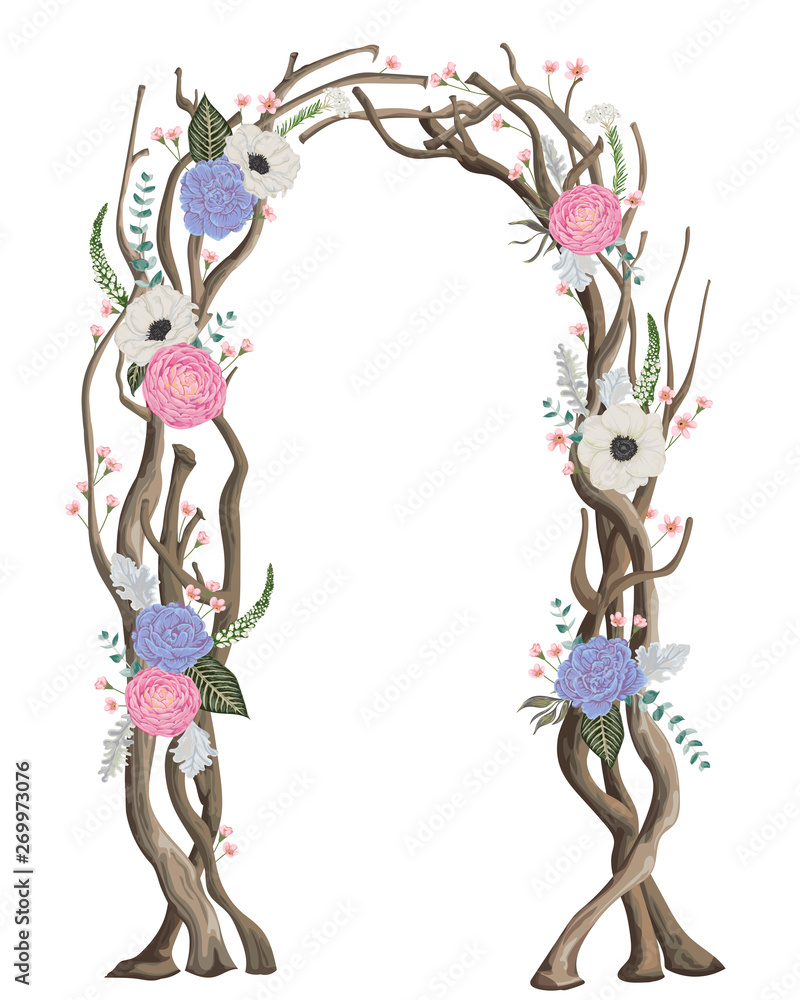 Rustic arch with tree branches, flowers, leaves. Vintage design ...